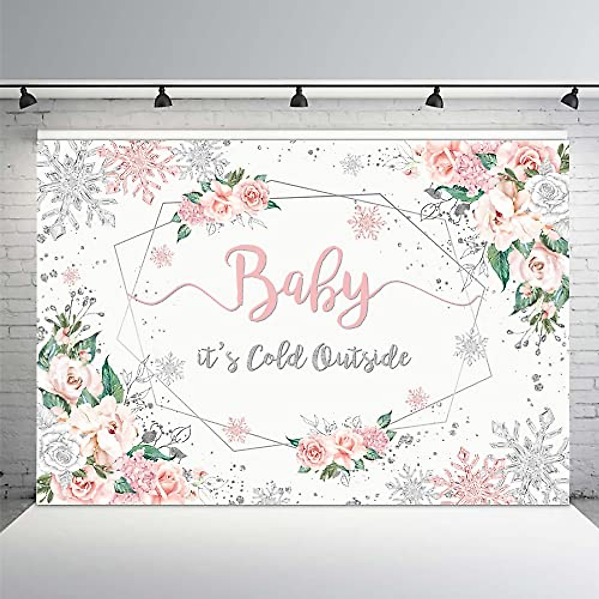 MEHOFOND Baby It's Cold Outside Backdrop Sliver Snowflake Girl Baby Shower Party Decorations Winter Wonderland Photography Background Snowfall Banner Blush Pink Floral Studio Props 7x5ft