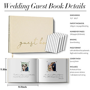 Wedding Guest Book with Table Sign and 216 Photo Corners Stickers, Hardcover Linen Polaroid GuestBook for Wedding，Baby Shower, Special Events - 100 Blank Pages for Sign in and Photos- Beige 7.2x9.2”