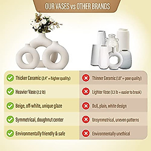 Ceramic Hollow Donut Vase Set of 3 for Pampas Grass | Neutral Modern Home Decor, Small Boho Minimalist Round White | Japandi Clay Beige Decorative for Bedroom, Living, Wedding, Office, Coffee Table