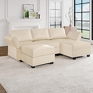Naomi Home Sarah Modular Sectional Sofa with Double Chaise Air Leather U Shaped Sofa Reversible Sectional Couch with Storage - Beige
