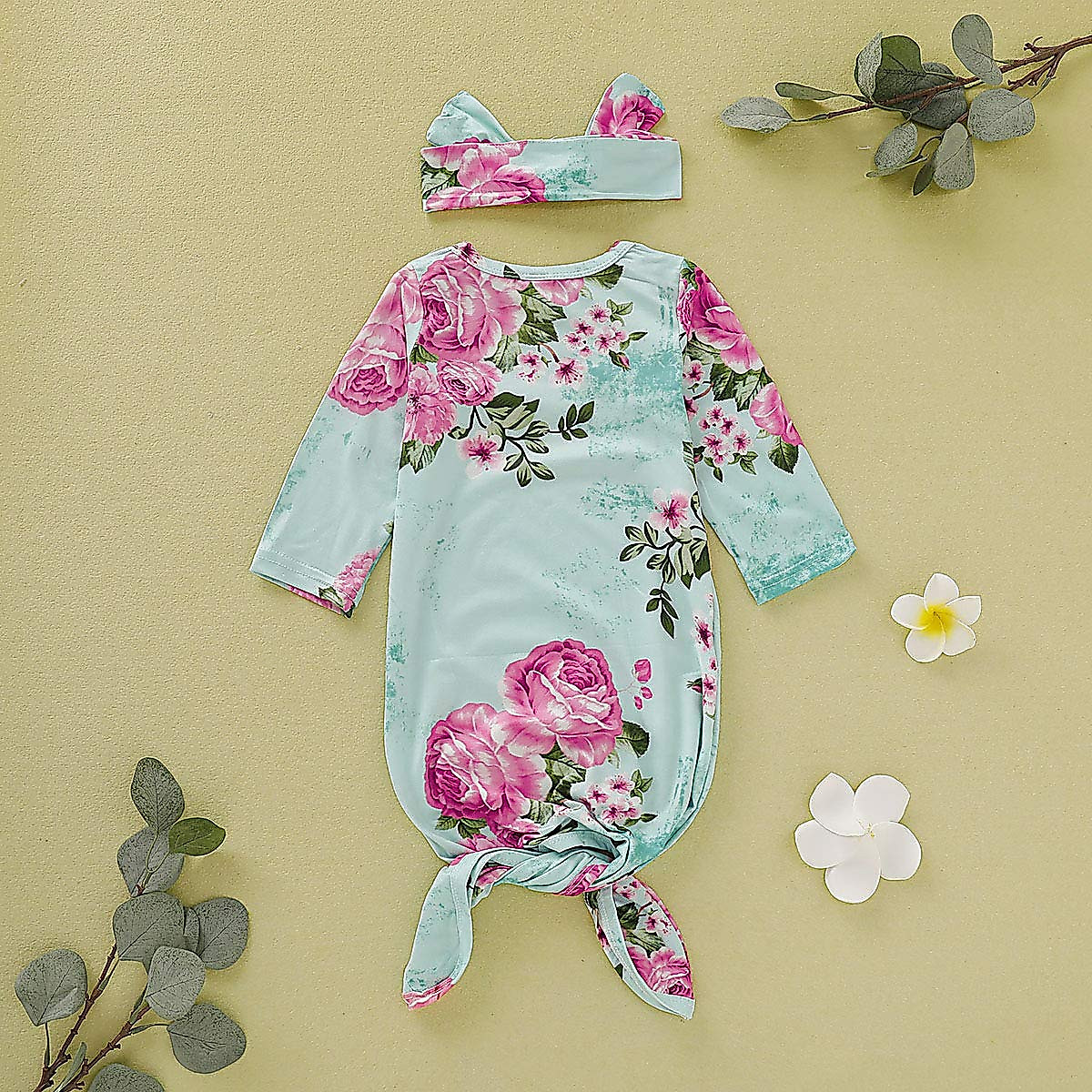 Infant Newborn Baby Girls Floral Sleep Gown Headband Sleepwear Romper Sleeping Bags Outfits (Green, 0-3 Months)