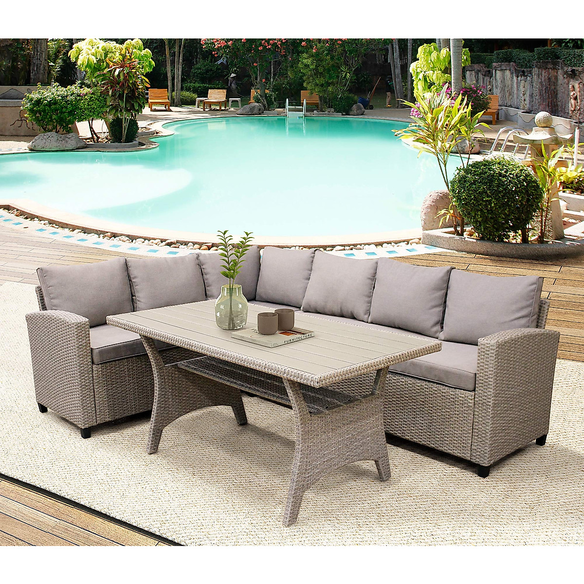 OPTOUGH Patio Outdoor Furniture PE Rattan Wicker Conversation Set All-Weather Sectional Sofa with Table & Soft Cushions (Brown)