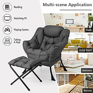 Giantex Lazy Chair with Ottoman, Accent Sofa Chair with Folding Footrest, Side Storage Pocket, Upholstered Leisure Lounge Armchair with Stool for Bedroom, Living Room, Office, Gray