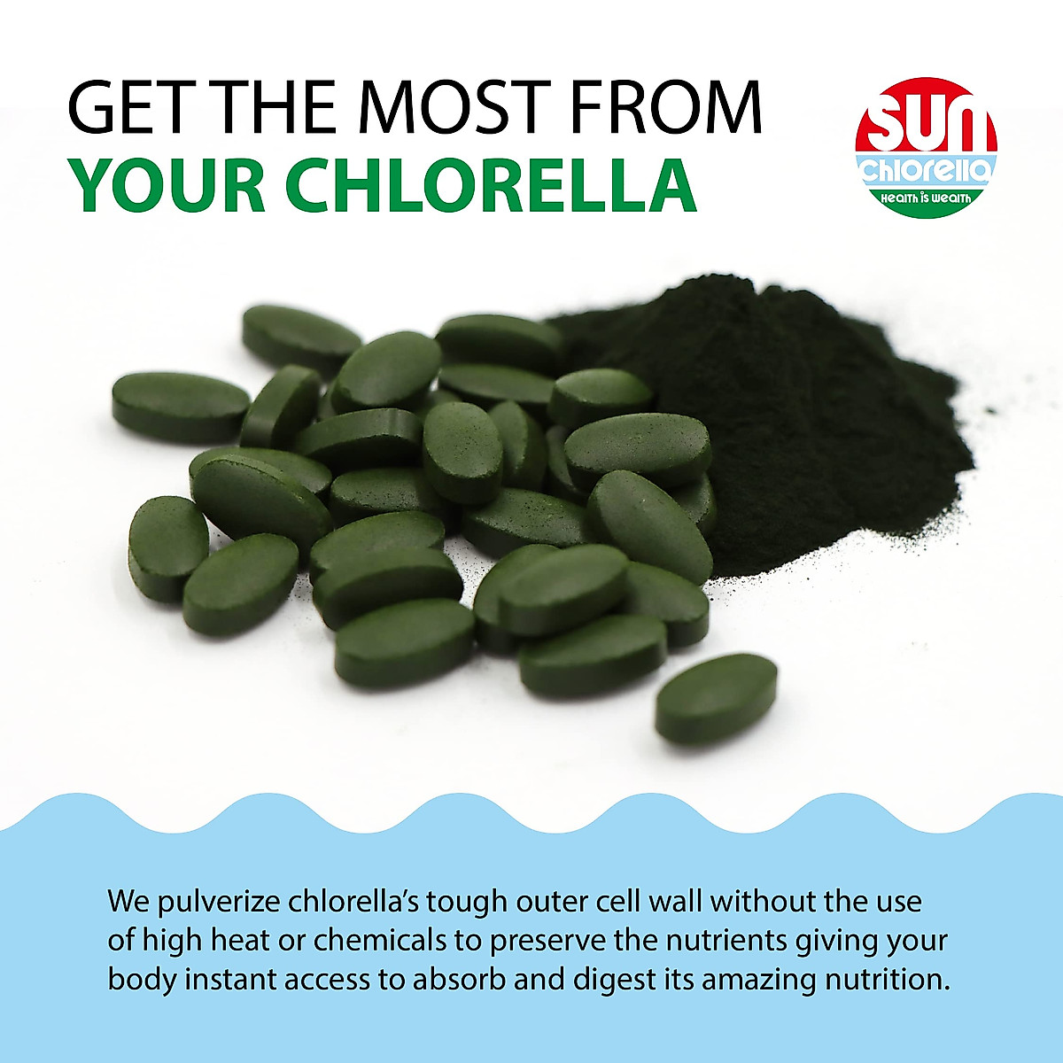 Sun Chlorella 500mg Whole Body Wellness Green Algae Superfood Supplement - Immune Defense, Gut Health, Natural Purification, Energy Boost - Chlorophyll, B12, Iron, Protein - Non-GMO - 600 Tablets