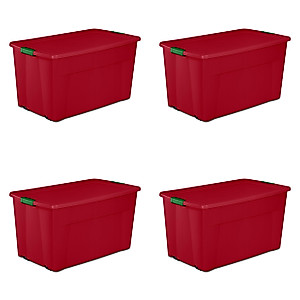 45 Gallon Wheeled Latch Tote Plastic, Red Christmas, Set of 4