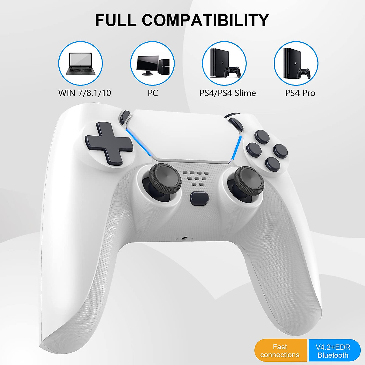 PomisGam PS4 Controller Compatible for Playstation 4 / Pro / Slim / Steam, Wireless Gaming Controller with Vibration and Headset Jack, Touch Pad, and Charging Cable (White)