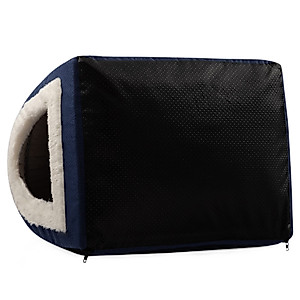 Hollypet Linen Cat Bed, Self-Warming 2 in 1 Foldable Cave House Animal Shape Nest Pet Sleeping Bed, Blue