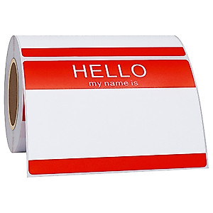 Hybsk Hello My Name is Red Name Tag Identification Stickers 3-1/2” x 2-3/8” Total 200 Labels Per Roll (Red)