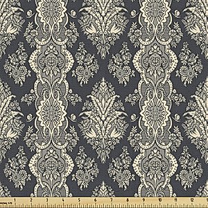 Ambesonne Damask Fabric by The Yard, Victorian Style Baroque Classic Pattern with Ornamental Floral Leaves Image, Decorative Fabric for Upholstery and Home Accents, Charcoal Grey Cream