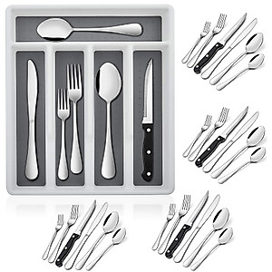 E-far 24-Piece Silverware Set with Organizer Tray and Steak Knives, Stainless Steel Flatware Cutlery Service for 4, Basic Tableware Eating Utensils for Home Kitchen, Mirror Polished, Dishwasher Safe