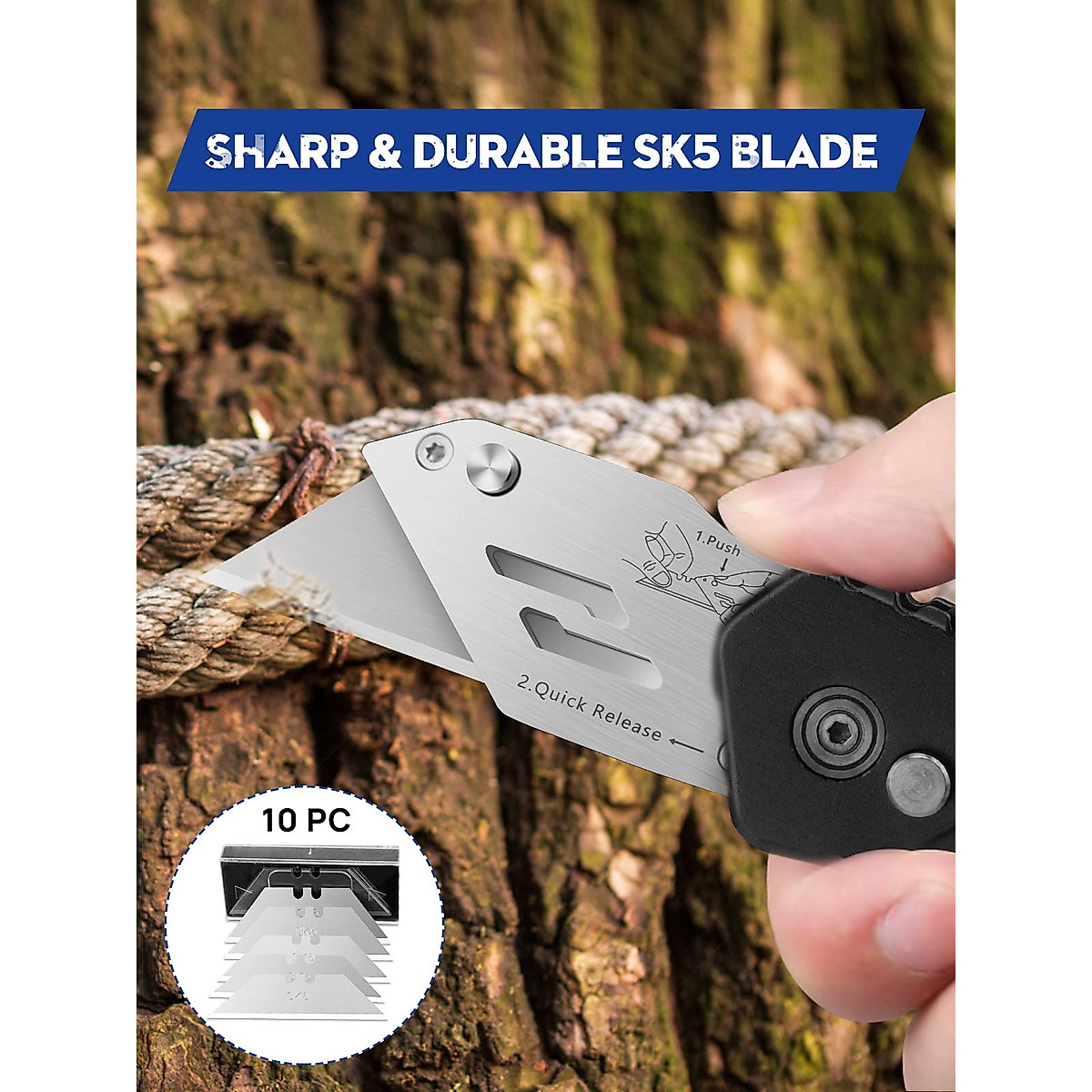 2 Pack BIBURY Utility Knife, Heavy Duty Folding Box Cutter, Pocket Carpet Knife with 20 Extra SK5 Stainless Steel Blades, Easy Release Button, Belt Clip, Quick Change, Blade Storage in Handle Design