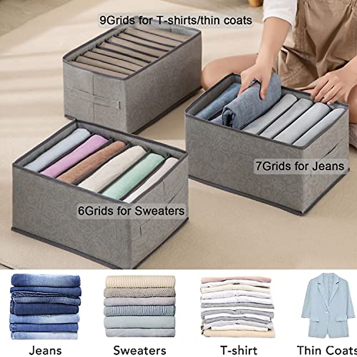 CSKB Wardrobe Clothes Organizer,5Pcs Drawer Organizers for Clothing, 6/7/9 Grids Stackable Dividers Closet Drawer Organizer with Built-in PP Board for Clothing Jeans,Pants, Sweaters,Hoodies