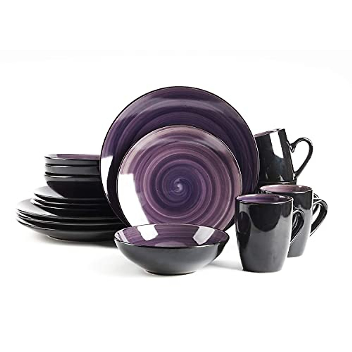 HomeVss, Stoneware Sonoma 16pc Dinnerware Set, Black + Speckled Spin Wash Purple, 16pc Set