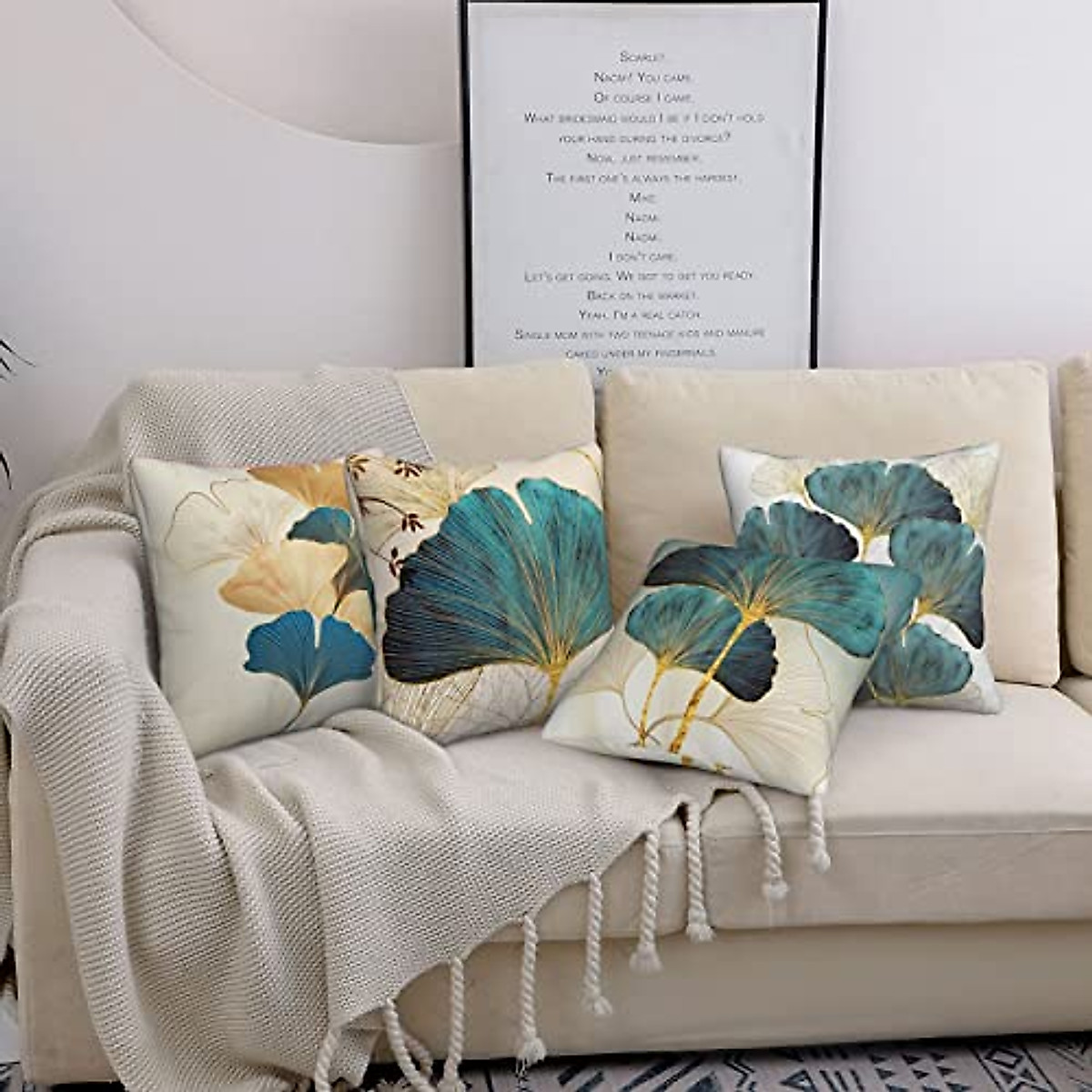 LOHDALOLF Teal and Gold Pillow Covers Set of 4 Turquoise Leaf Floral Pillow Cases Modern Simple Style Decorative Cushion Covers for Sofa Couch 18x18 Inch