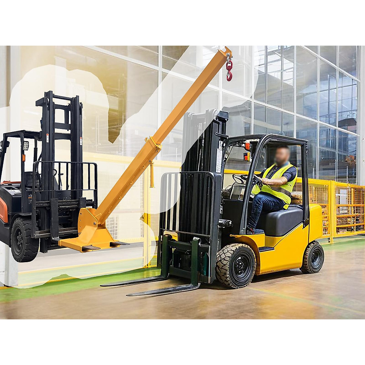 INTSUPERMAI Forklift Jib Boom Crane with 0-75° Adjustable Tilt Angle, 2 Ton/4400 LB Forklift Mobile Crane, Adjustable Forklift Crane Attachment with Truss Hoist Jib Boom Hook, Max 12.14ft/3.7m Length