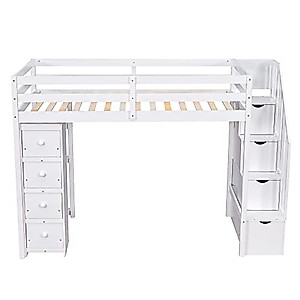 CITYLIGHT Twin Size Loft Bed with Storage Drawers and Stairs, Wooden Twin Loft Bed with Storage Shelves, High Loft Bed Twin for Kids, Teens, Boys & Girls (White)