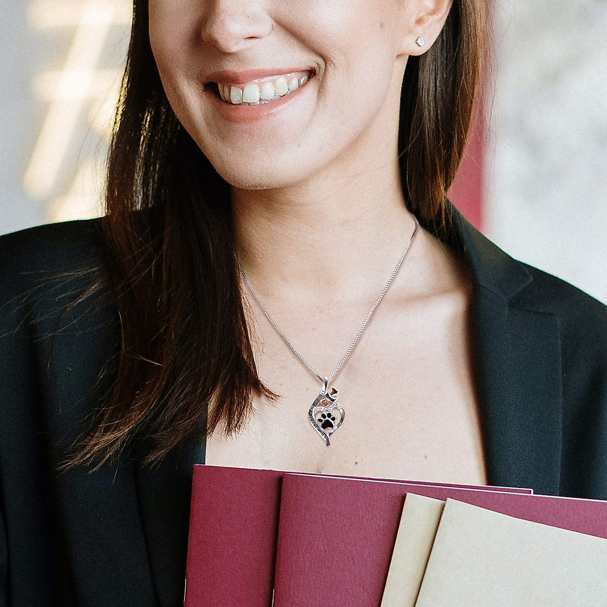 VANLAMS Womens 925 Sterling Silver Bone Love Heart Dog Paw Print Pendant Necklace I Love You Forever and Ever, Gifts for Dog Owner (Silver & Rose Gold)