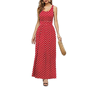 LILBETTER Women's Sleeveless Casual Summer Long Dresses Maxi Dresses(Flower Red Polka Dot,Small)