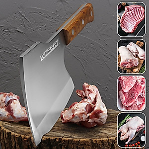KOFERY Hand Forged Meat Cleaver - Heavy Duty Bone Chopper Axe Knife with Wood Handle, Full Tang Chopping Knife for Kitchen, Camping, BBQ & Outdoor