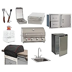 AMS Fireplace | Bull GRILLS outdoor 30" The Outlaw grill Natural Gas with Single Side Burner, Stainless Steel Sink, Grill Cover, Refrigerator, Door & Drawer Combo with 5 in 1 BBQ Tool Set-FREE Bio-Ethanol Table-top Fire pit