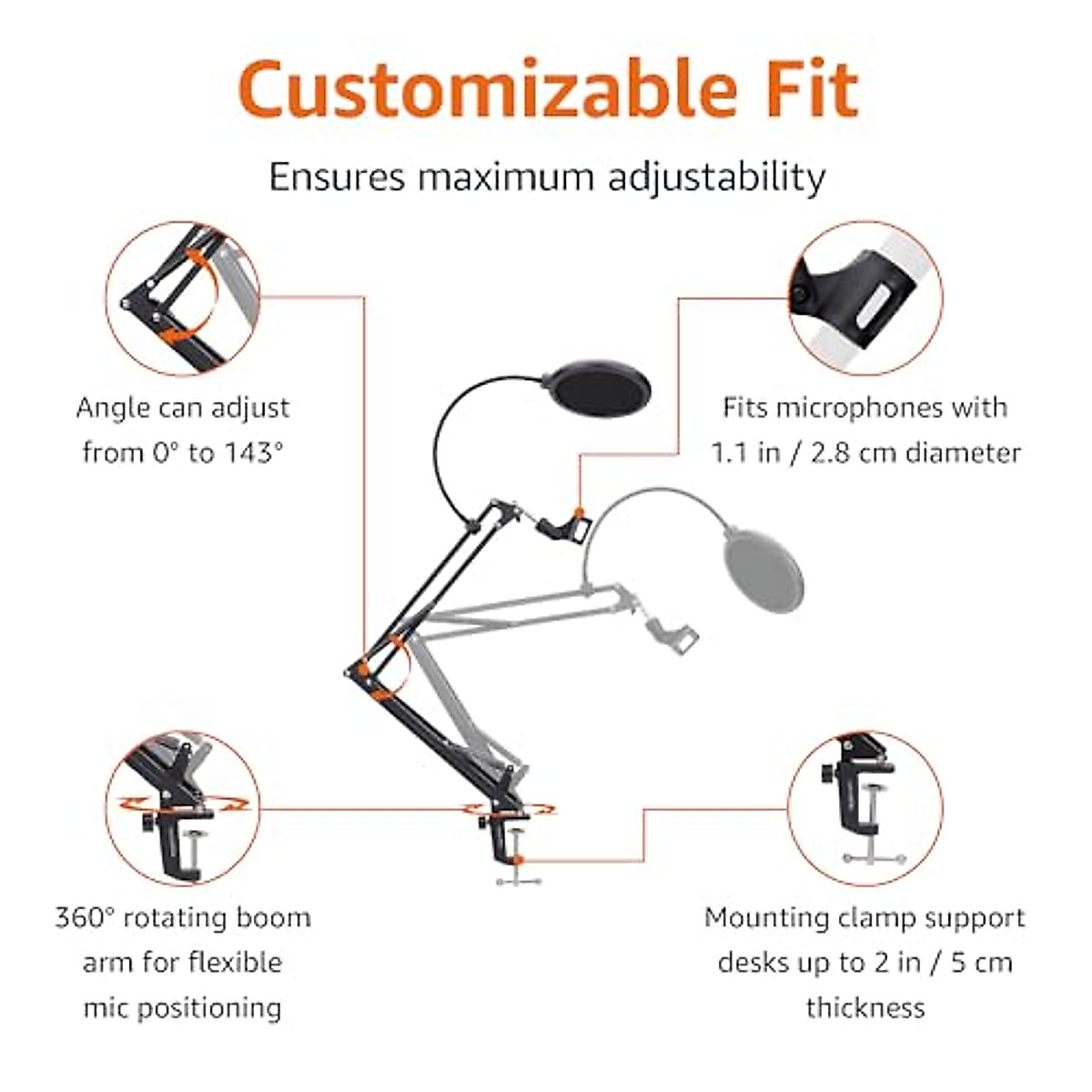 Amazon Basics Heavy-Duty Microphone Desk Arm Stand All-in-One Kit, with Adjustable Boom, Pop Filter, and Windscreen, for Blue Yeti, Snowball, Shure, Audio-Technica, and other Mics - 14 inch