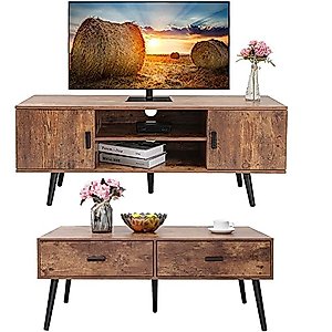 Iwell Mid-Century Boho Coffee Table & TV Stand with Storage for Living Room,Cocktail Table, TV Table, Rectangular Sofa Table, Office Table, Elegant Functional Table, Rustic Brown