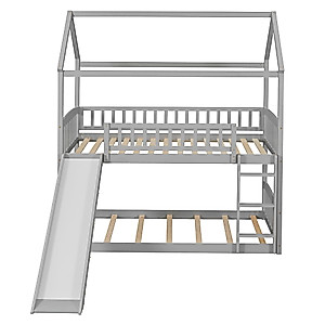 House Bunk Beds with Slide Twin Over Twin Floor Bunk Bed Frame Wood Playhouse Bunkbed with Storage for Kids Toddlers Girls/Boys, Gray