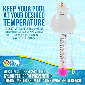 U.S. Pool Supply Floating Unicorn Thermometer - Easy to Read Temperature Display, Measures up to 120° Fahrenheit & 50° Celsius, Swimming Pools, Spas, Kids Pools, Cute Fun Pink Animal Pet Float Tether