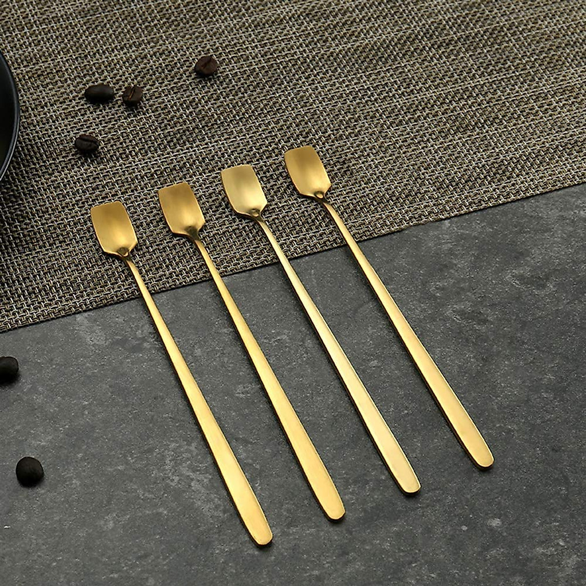 Long Handle Iced Teaspoon 8-Piece, Comicfs 7-Inch Stainless Steel Mixing Stirring Square Spoons for Cocktail Ice Cream Milkshake Cold Drink Ice Coffee (8 Spoons, Gold)