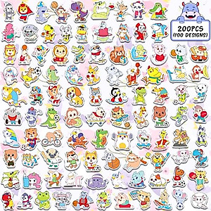 WAKEMOODEI 200PCS Cute Sports Animal Stickers for Kids, Kawaii Animal Stickers for Water Bottles Waterproof Vinyl Stickers Animals Aesthetic Sticker Packs for Girls Boys Teens
