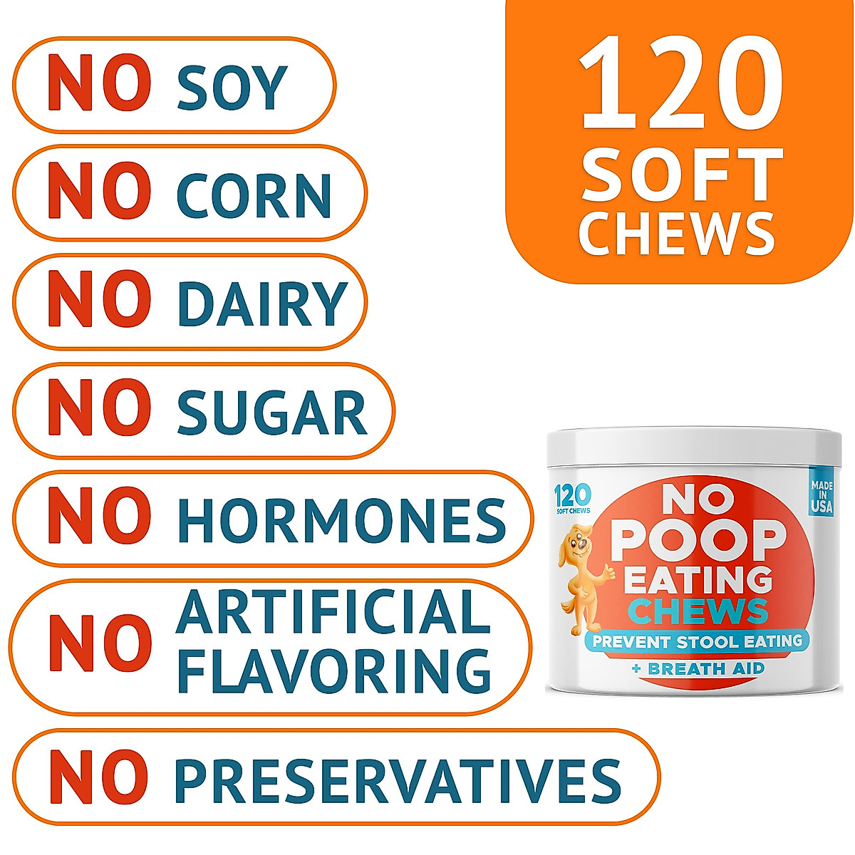 Chew No Poo - Coprophagia Treatment for Dogs - Prevent Dog Poop Eating - Natural Stool Eating Deterrent + Breath Aid - Probiotics & Digestive Enzymes - Boosts Gut Health - Made in USA - 120 Soft Chews