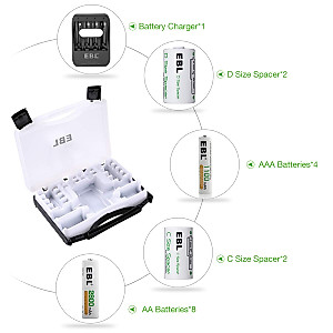 EBL Black Batteries Box Include : Rechargeable 8 AA Batteries + 4 AAA Batteries + 40Min iQuick Battery Charger and 2Pcs C/D Converters with Battery Storage Organizer