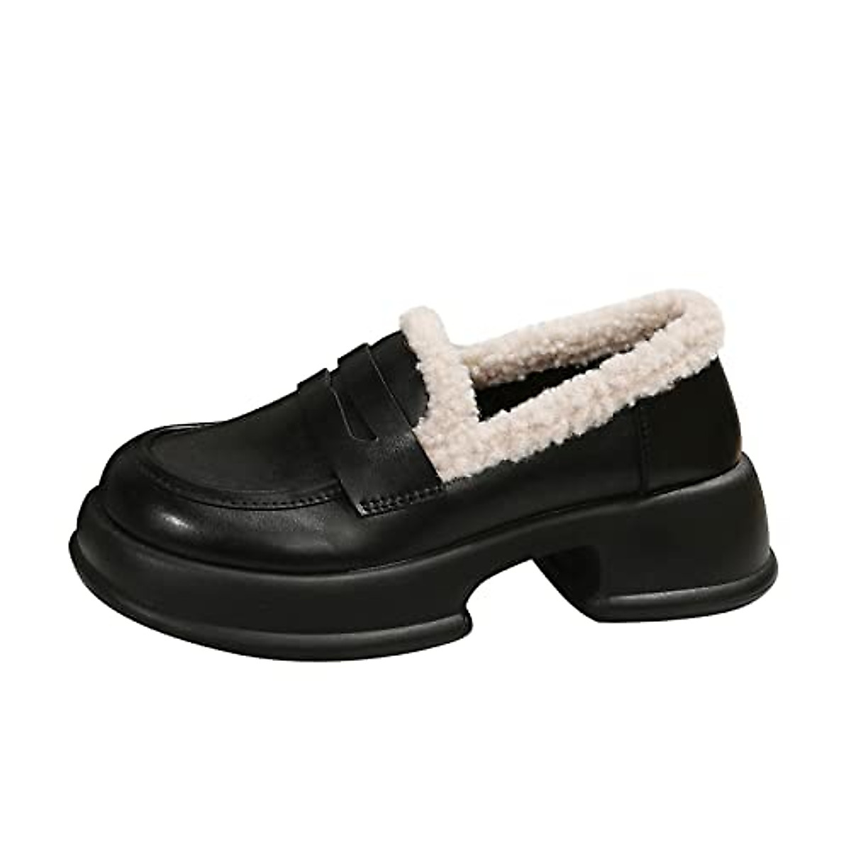 Ladies British Style Solid Color Leather Plush Warm Thick Soled Casual Shoes Home Sandals Black
