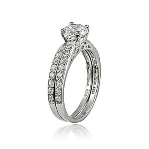 Hoops & Loops Sterling Silver Cubic Zirconia Round-cut Wedding & Engagement Bridal Ring Set, Size 7