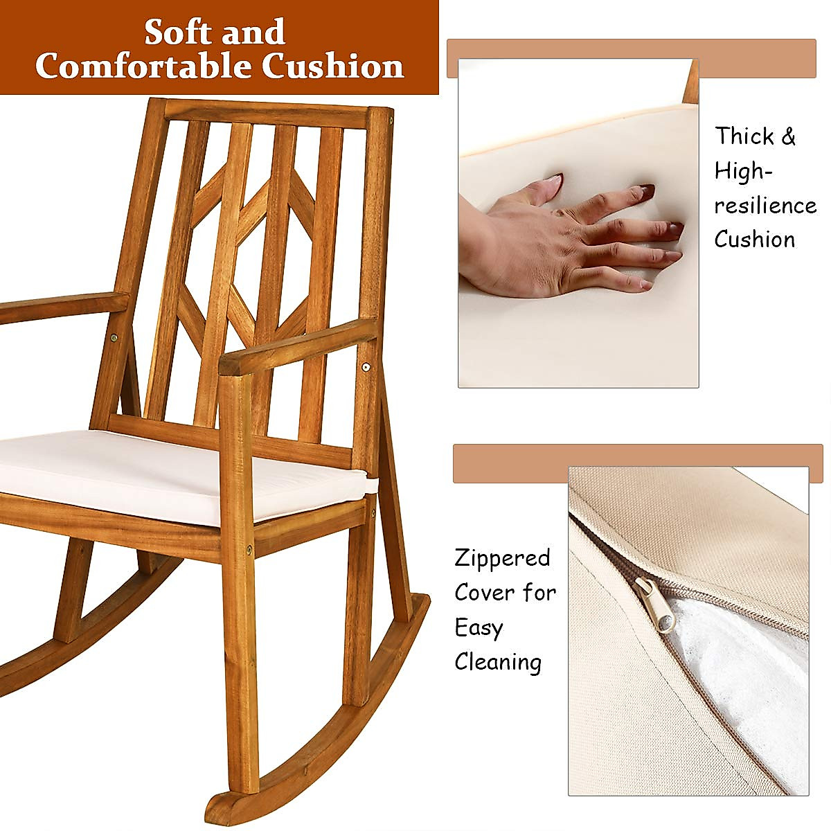 RELAX4LIFE Wooden Rocking Chair Outdoor - Oversized Patio Rocker w/High Backrest, Long Armrest, Removable Soft Cushion, Porch Rocking Chair for Backyard, Garden, Patio Rocking Chair (1, White)