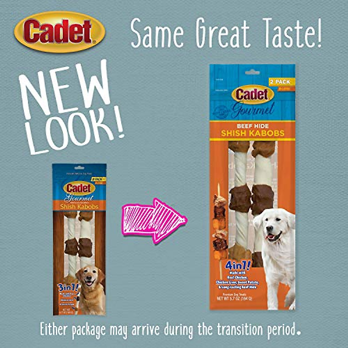 Cadet Gourmet X-Large Triple-Flavored Beef Hide Shish Kabob Dog Treats - Healthy & Natural Chicken, Liver, & Sweet Potato Dog Treats for Dogs Over 30 lbs., 10 in. (2 Count)