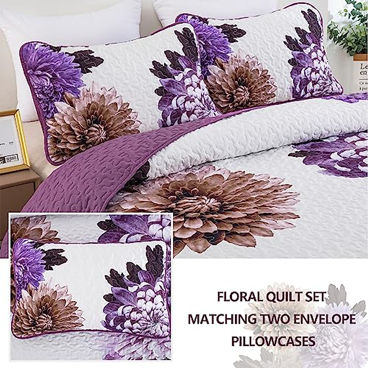 Dintszyayue Floral Quilt Set King Size, 3 Pieces Purple Flower Quilt Coverlet Set with 2 Pillowcases Lightweight Microfiber Bedspread All Season King 104"x90"