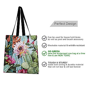 CaTaKu Cactus Canvas Tote Bag Floral Grocery Shopping Cotton Canvas Tote Bag Large Handle Durable Reusable Washable Bag for Women Men