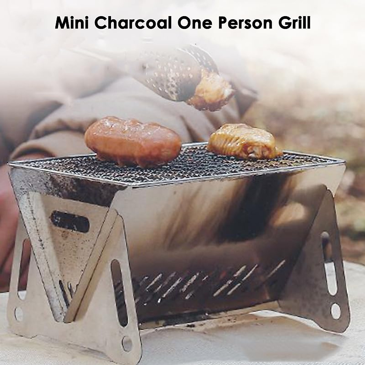 Mini Portable Charcoal Grill, Stainless Steel Small Folding BBQ One Person Tabletop Grill for Garden Bars Outdoor Camping