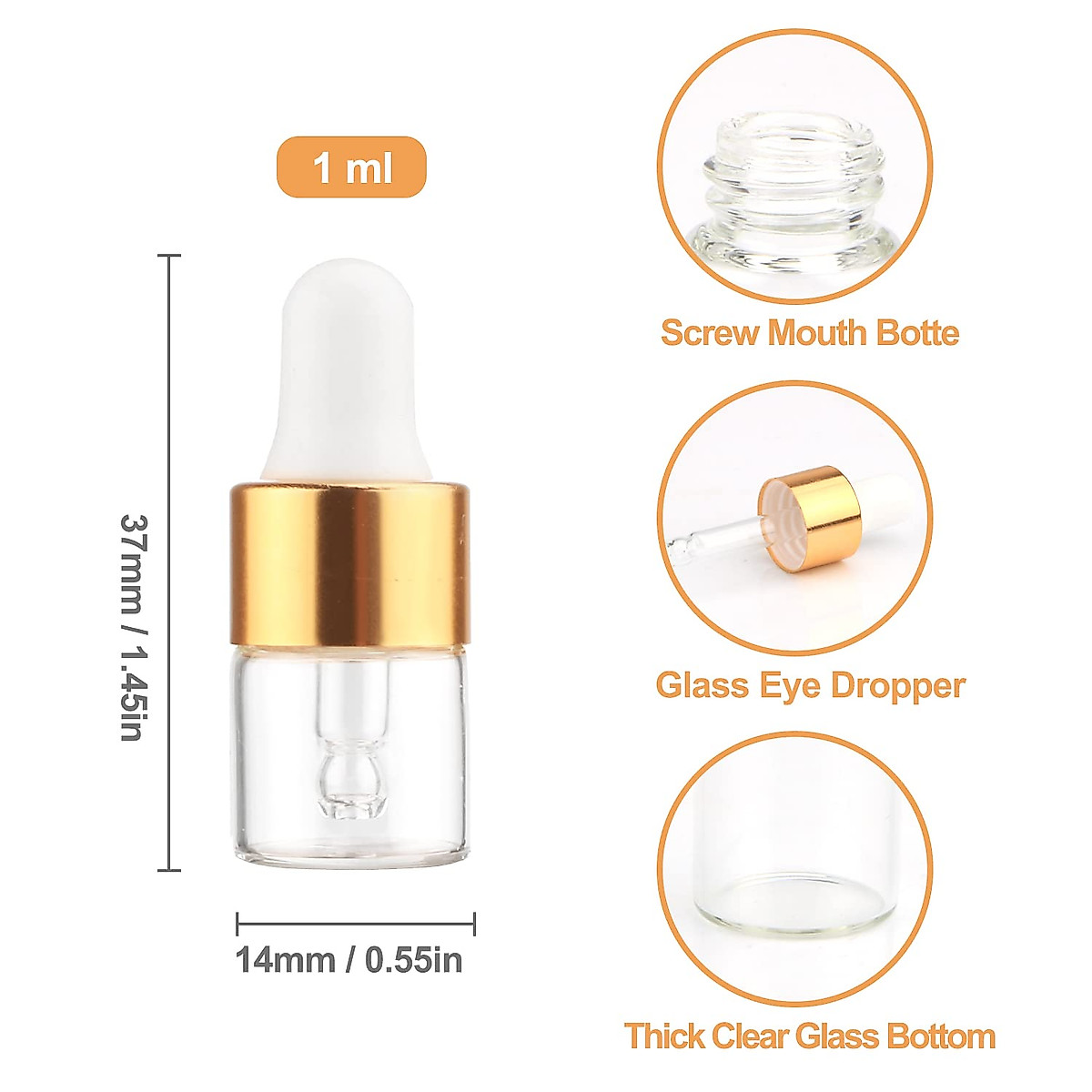 15Pcs Glass Essential Oil Dropper Bottles Clear Mini 1ml/2ml/3ml Perfume Dropping Bottle Cosmetic Sample Vials with Gold Cap and White Latex