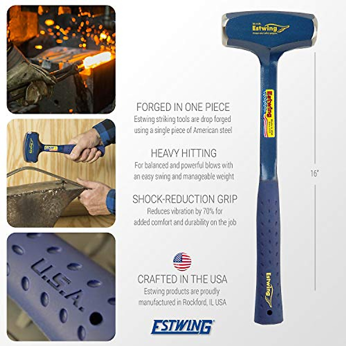 ESTWING BIG BLUE Drilling/Crack Hammer - 4-Pound Long Handle Sledge with Forged Steel Construction & Shock Reduction Grip - B3-4LBL