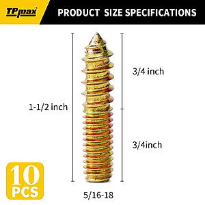 10 Pack 5/16-18 x 1-1/2 Inch Hanger Bolts Double Headed Bolts Self-Tapping Screw Hanger Bolts for Furniture (5/16-18" x 1-1/2")