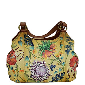 Anuschka Women’s Genuine Leather Large Triple Compartment Hobo - Hand Painted Exterior - Caribbean Garden