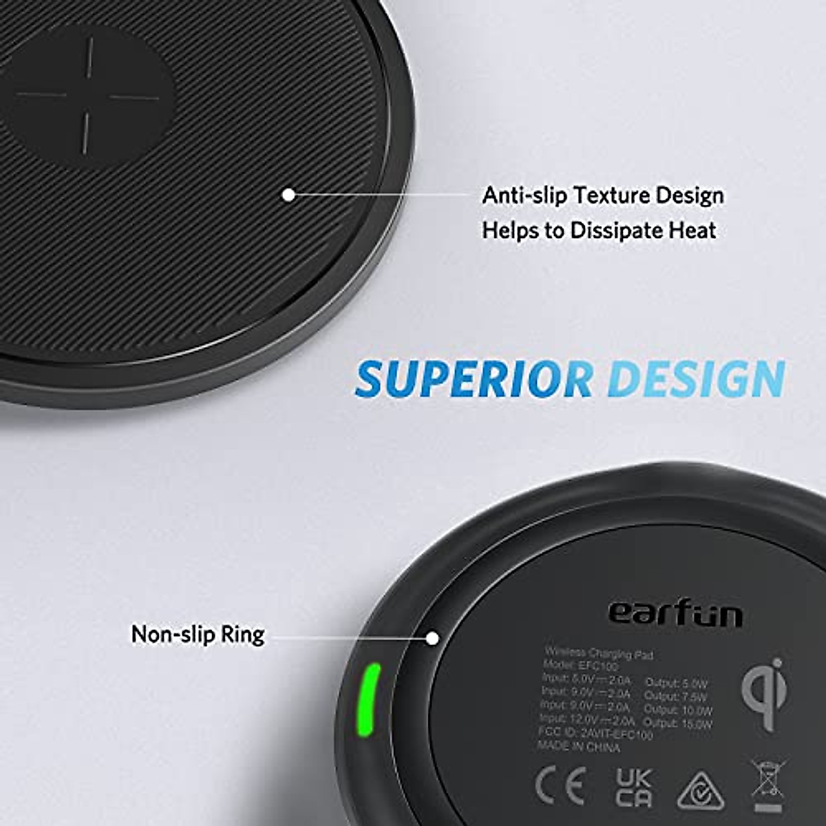 EarFun 15W Wireless Charger, Qi-Certified 15W Max Fast Wireless Charging Pad Compatible with iPhone 13/13 mini/13Pro Max/12/11 Pro Max, Samsung Galaxy S10/S10E/Note 10, AirPods Pro (No AC Adapter)
