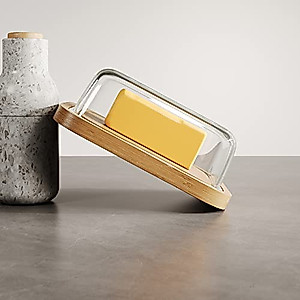 Clear Glass Butter Dish with Lid for Countertop and Fridge, Large Butter Holder with Bamboo Tray, Covered Butter Container, Butter Dishes with Cover for East and West Butter, Eco-Friendly