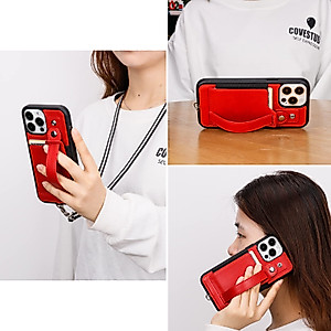 TOOVREN iPhone 13 Pro Max Case Wallet, Compatible with iPhone 13 Pro Max Case with Card Holder Kickstand Adjustable Detachable Necklace, iPhone Lanyard for iPhone 13 Pro Max 6.7 inch 2021 Red