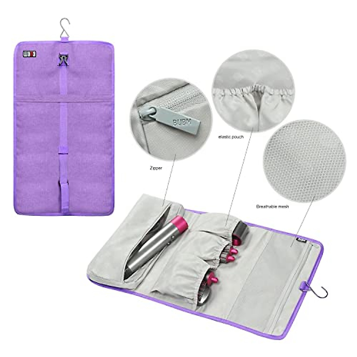 BUBM Travel Case Carrying Case Portable Storage Bag Roller Hanging Bag Organizer for Dyson Airwrap Styler,Shark Flexstyle Air Styling & Drying System,Purple
