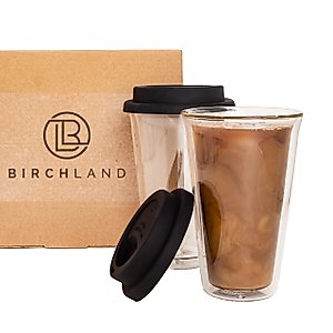 Birchland Double Wall Glass Tumbler, Insulated Glass Coffee Cups, Reusable Coffee Cups with Lids, Travel Coffee Mugs, 12oz. Set of 2