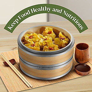 Flexzion Bamboo Steamer Basket Set (10 inch) with Stainless Steel Banding, 50 x Steamer Liners and 2 Pairs of Chopsticks, Steam Baskets for DimSum Dumplings, Rice, Vegetables, Fish and Meat