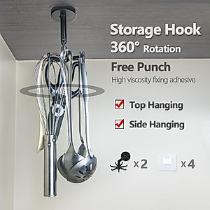 NORXUAZE Kitchen Wall Shelf Hooks,Under Cabinet Kitchen Utensil Hooks,Side Hanging 360° Rotating with 7 Hooks,Drilling Free Adhesive Utensils Rack for Tools/Towel/Oven Mitts/Bathroom, 2pcs(Black)